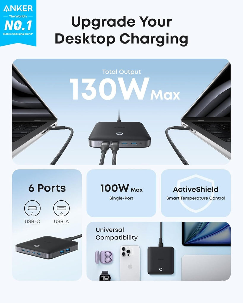 Anker Nano Charger, 6-Port Charging Station with Ultra-Fast 130W Output ...